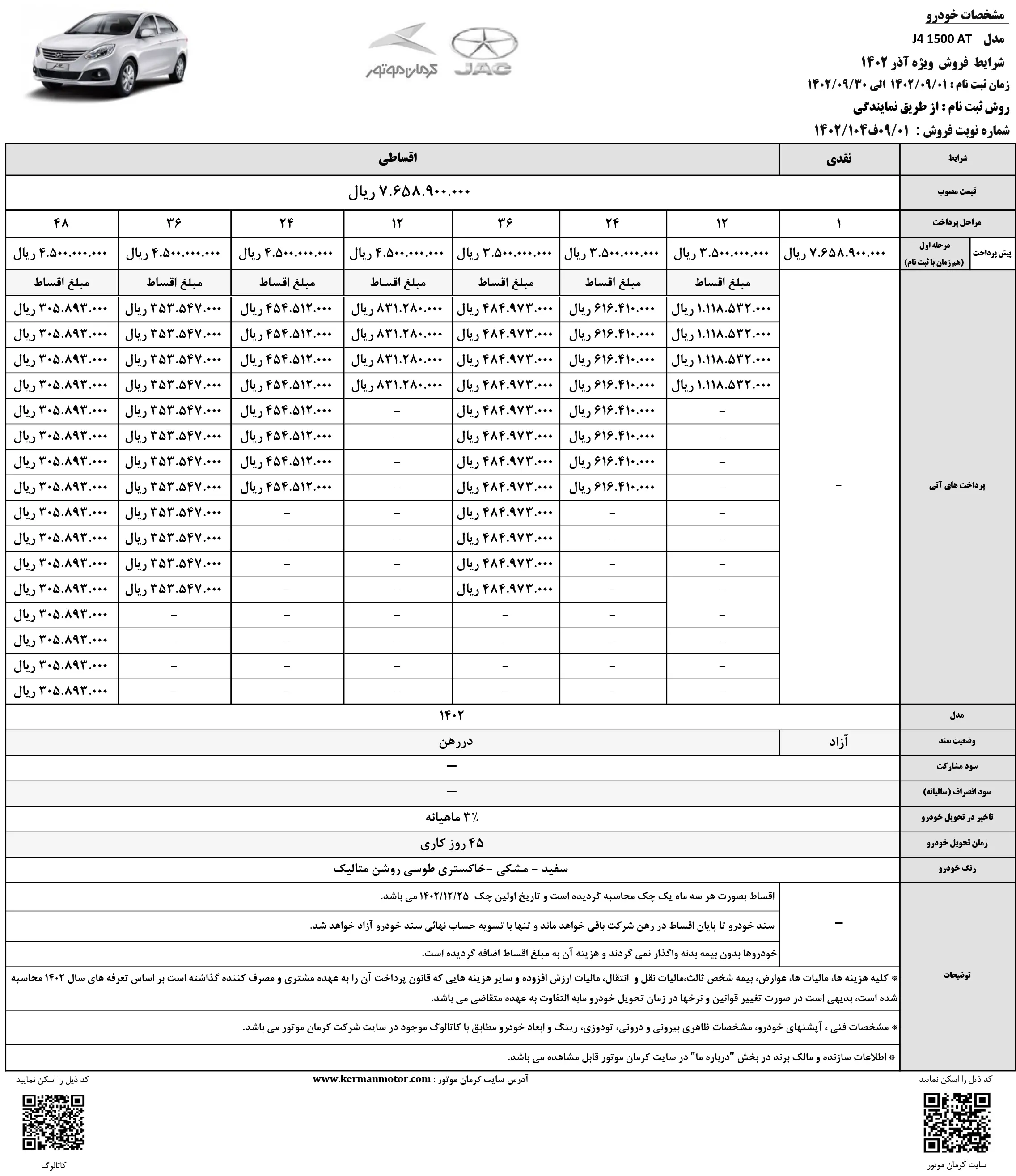 آغاز فروش نقد و اقساطی 2 خودرو جک J4 و کی ام سیT8 از سوی کرمان موتور ویژه آذر 1402